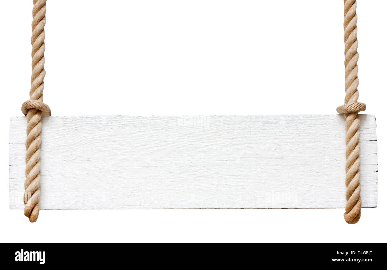 Signboard on the rope isolated on white background Stock Photo - Alamy