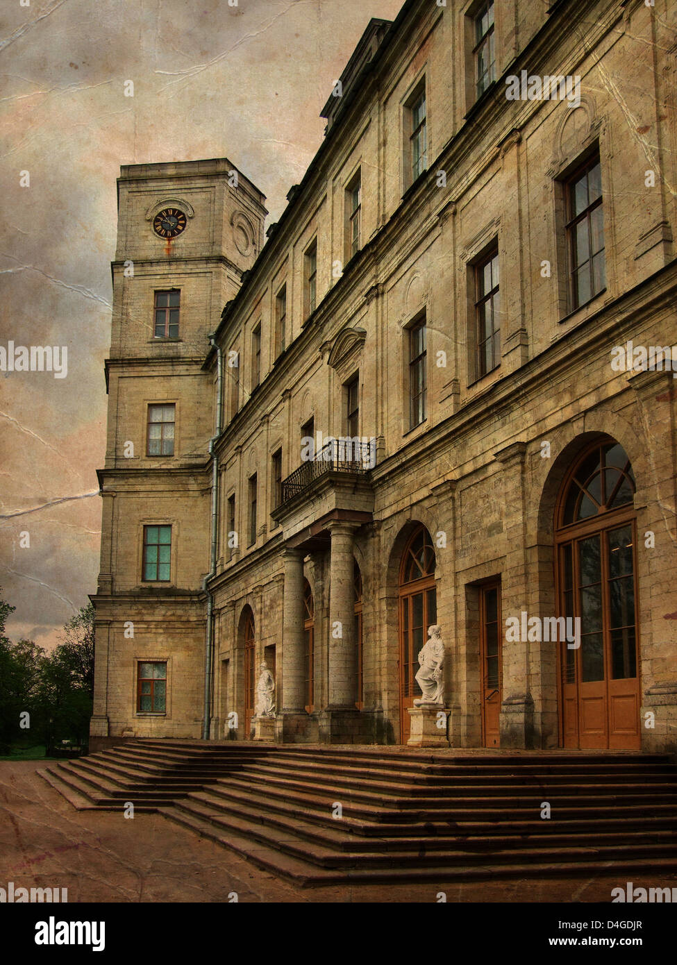 Old classic palace with statues near main entrance in grunge and retro ...