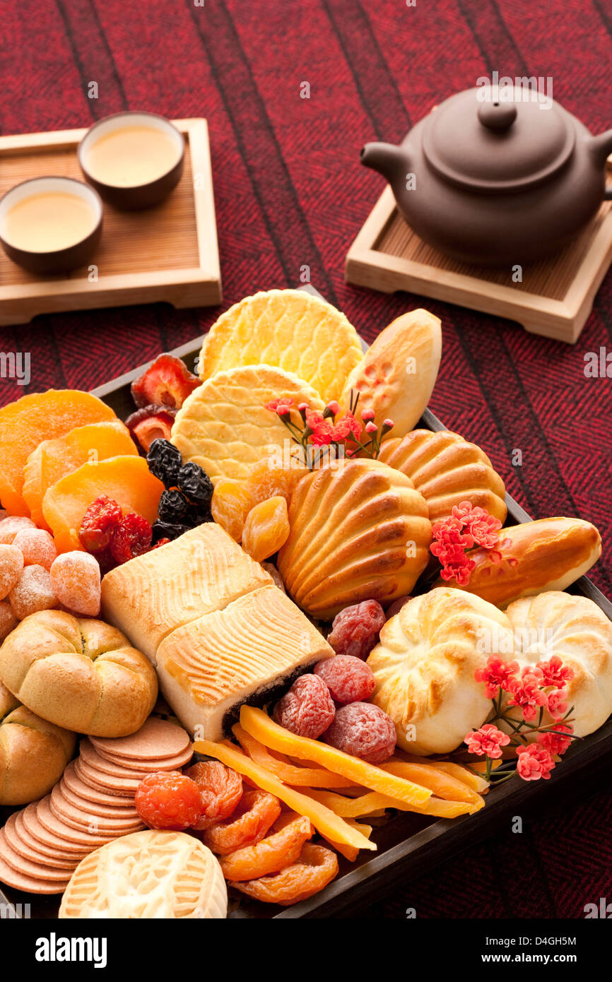 Chinese traditional dim sum and preserved fruits with tea Stock Photo ...