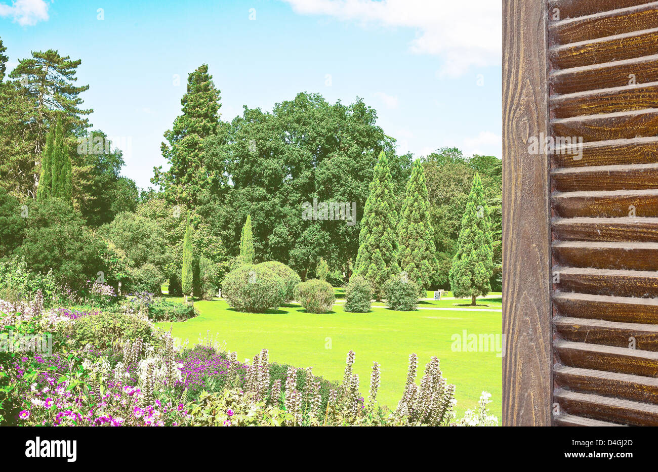 View of beautiful summer garden scene from a window Stock Photo - Alamy