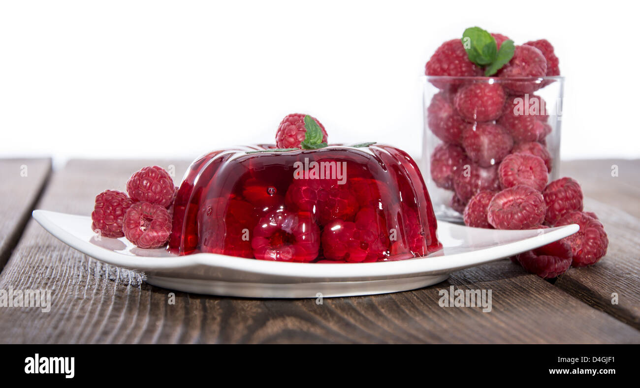 Raspberry Jello with fresh fruits isolated on white background Stock ...