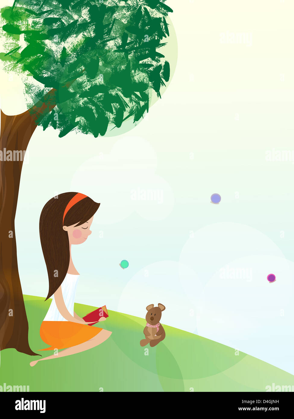 Girl Sitting Against Tree Cartoon