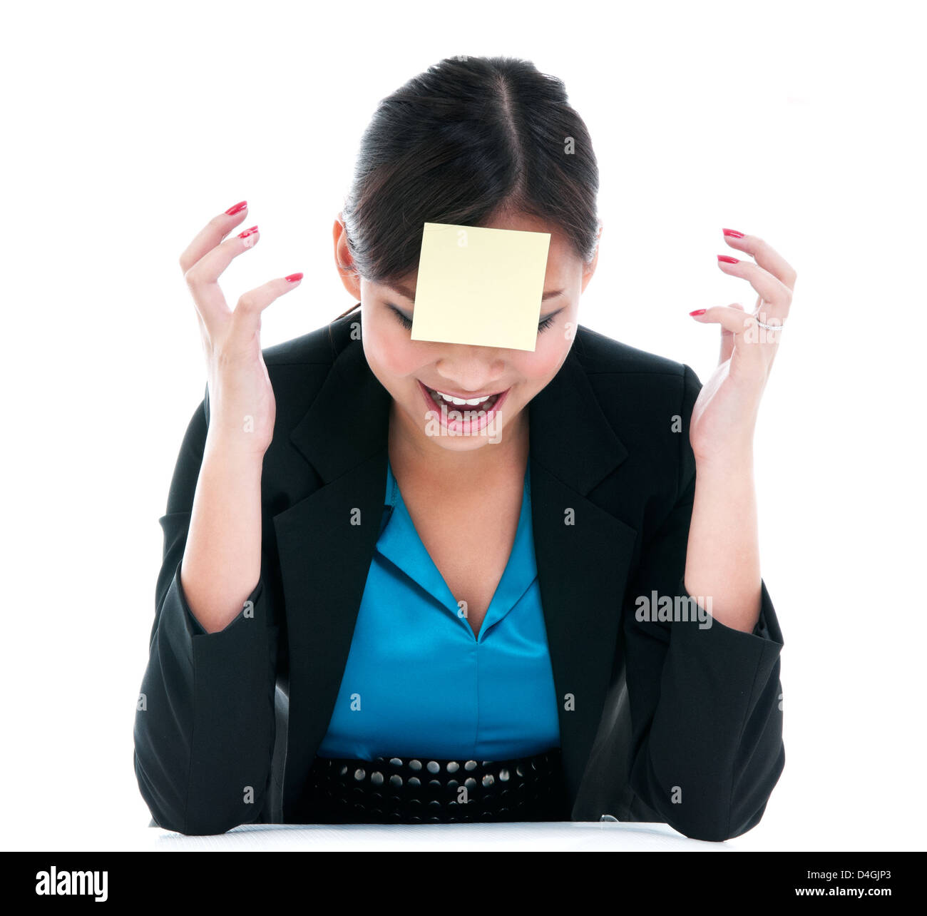 Businesswoman Yelling With Paper On Forehead, Portrait Stock Photo - Alamy