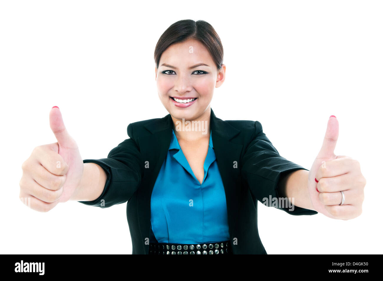Happy young businesswoman giving two thumbs up gesture, portrait Stock ...