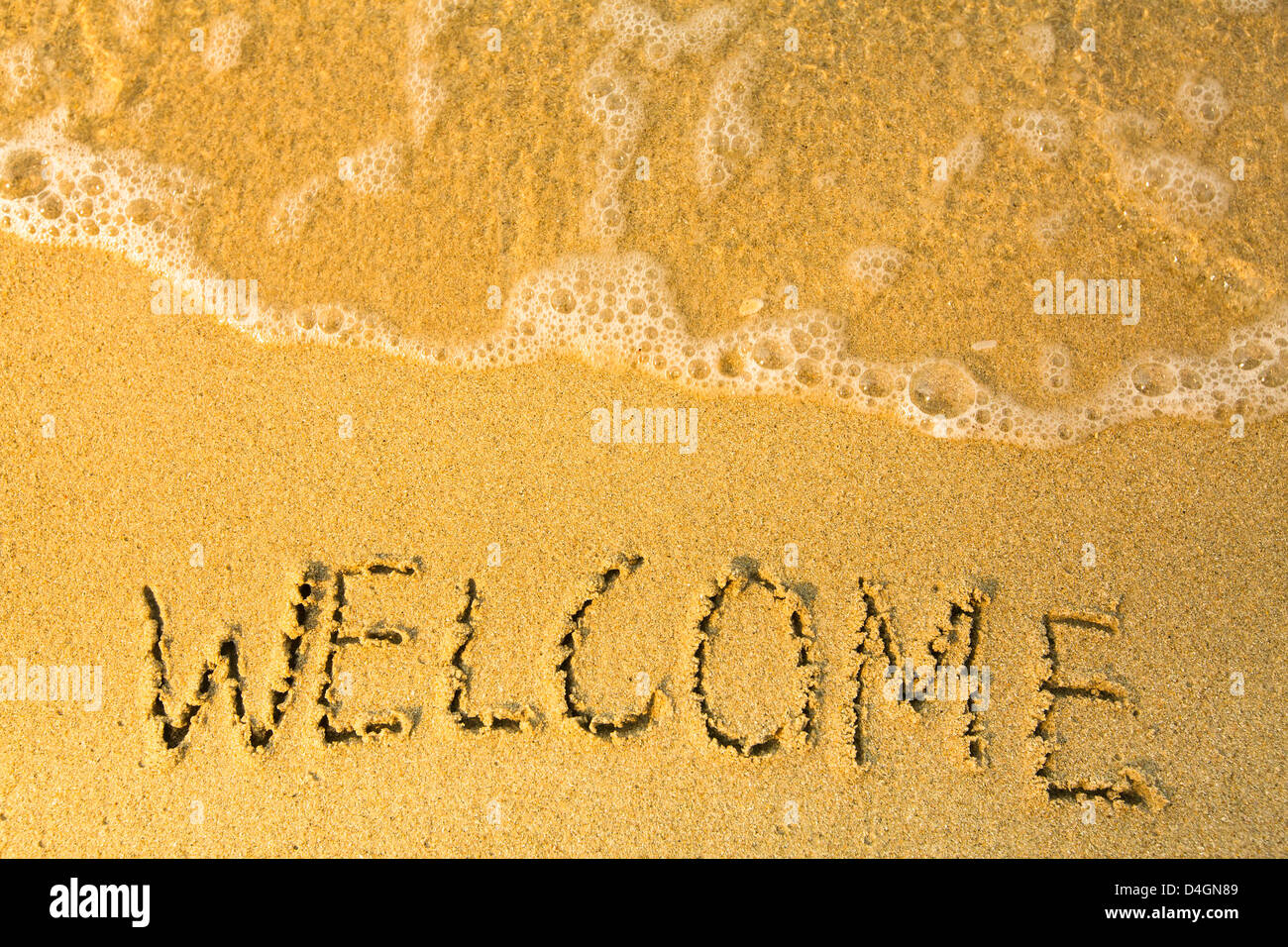 Welcome - written in sand on beach texture - soft wave of the sea Stock ...