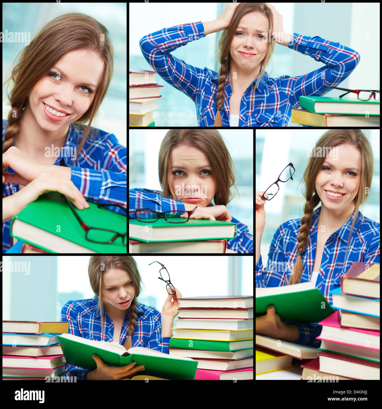 Collage of diligent student with heap of books Stock Photo - Alamy
