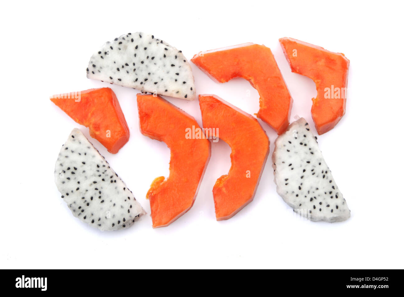 Sliced papaya and dragon fruit isolated on white background Stock Photo ...