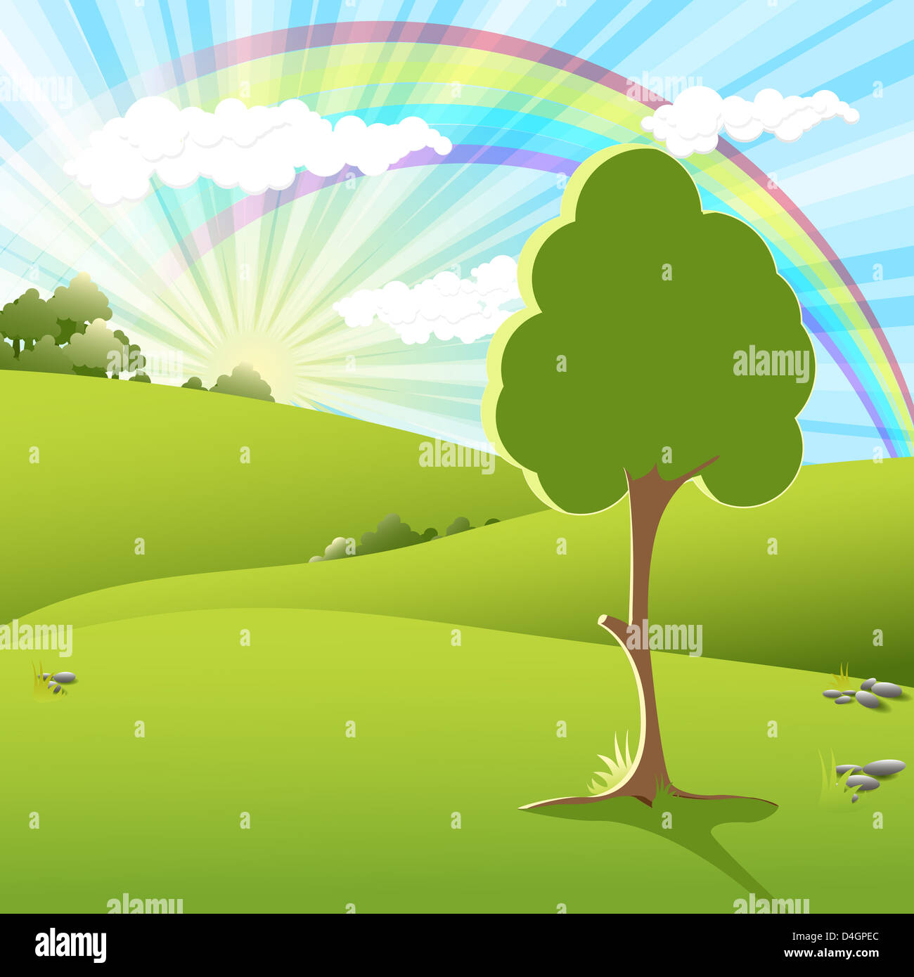 illustration landscape with green field and trees Stock Photo - Alamy