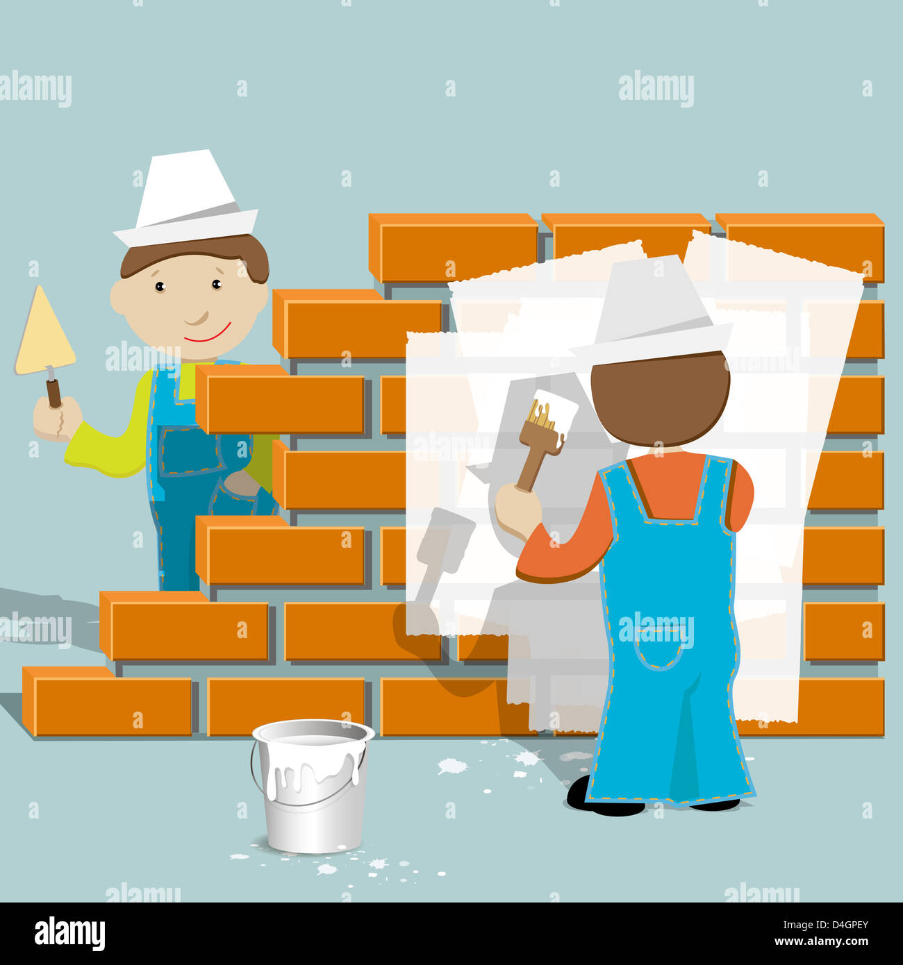 illustration, two workers on construction site beside brick wall Stock ...