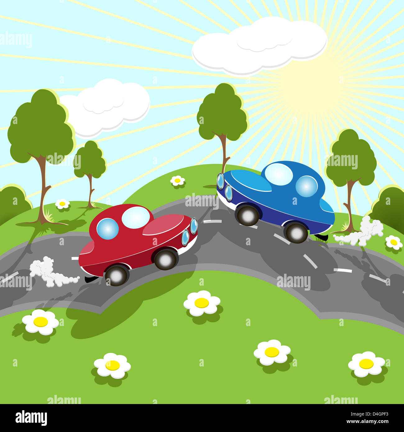 illustration, red and blue car were met on road Stock Photo - Alamy