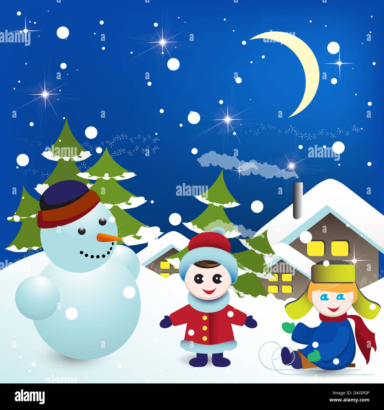 illustration, merry children and snowman on background of the winter ...