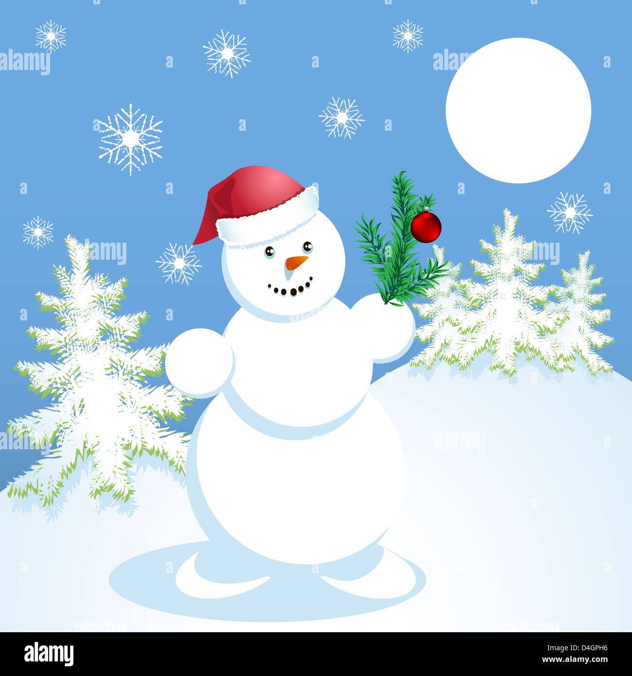 illustration, snowman with ball on blue background Stock Photo - Alamy