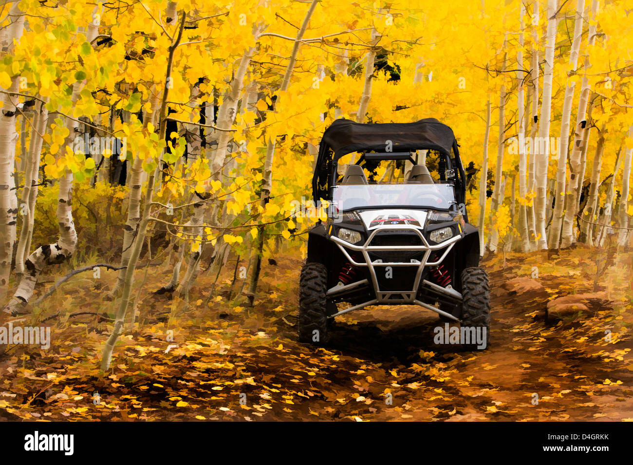 Sport vehicle Polaris RZR mountain forest. Fun outdoor recreation ...