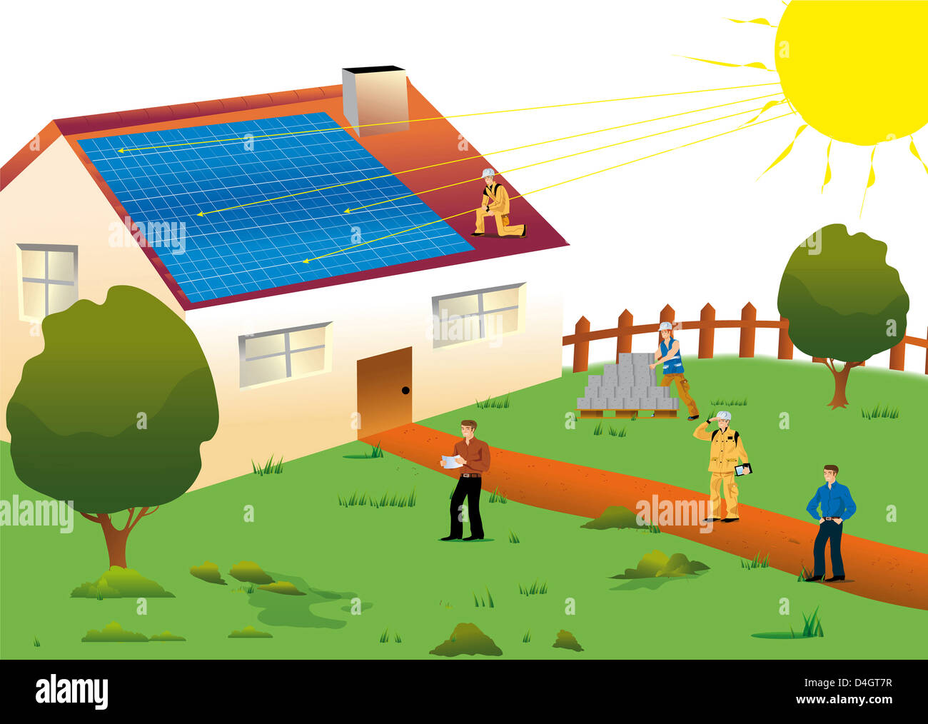 illustration of a solar house located in a meadow for an ...
