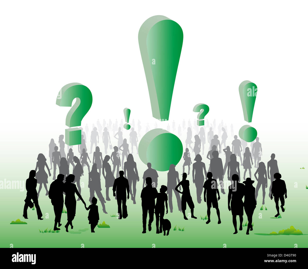 A crowd of people around an exclamation point and question on the issue ...