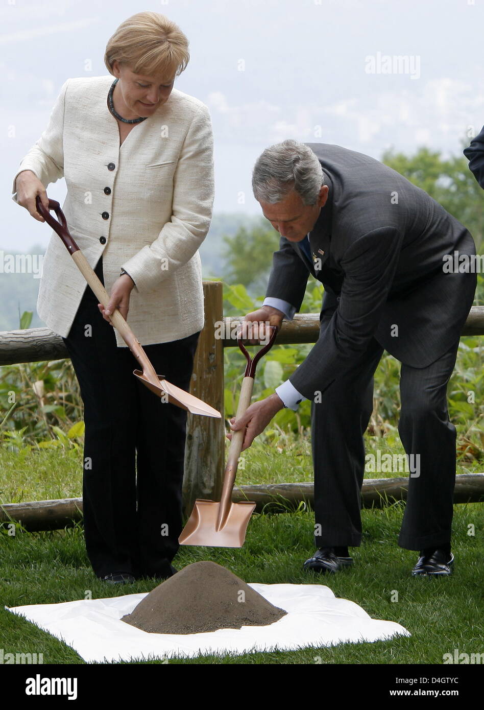 German Chancellor Angela Merkel and US President George W. Bush plant a ...