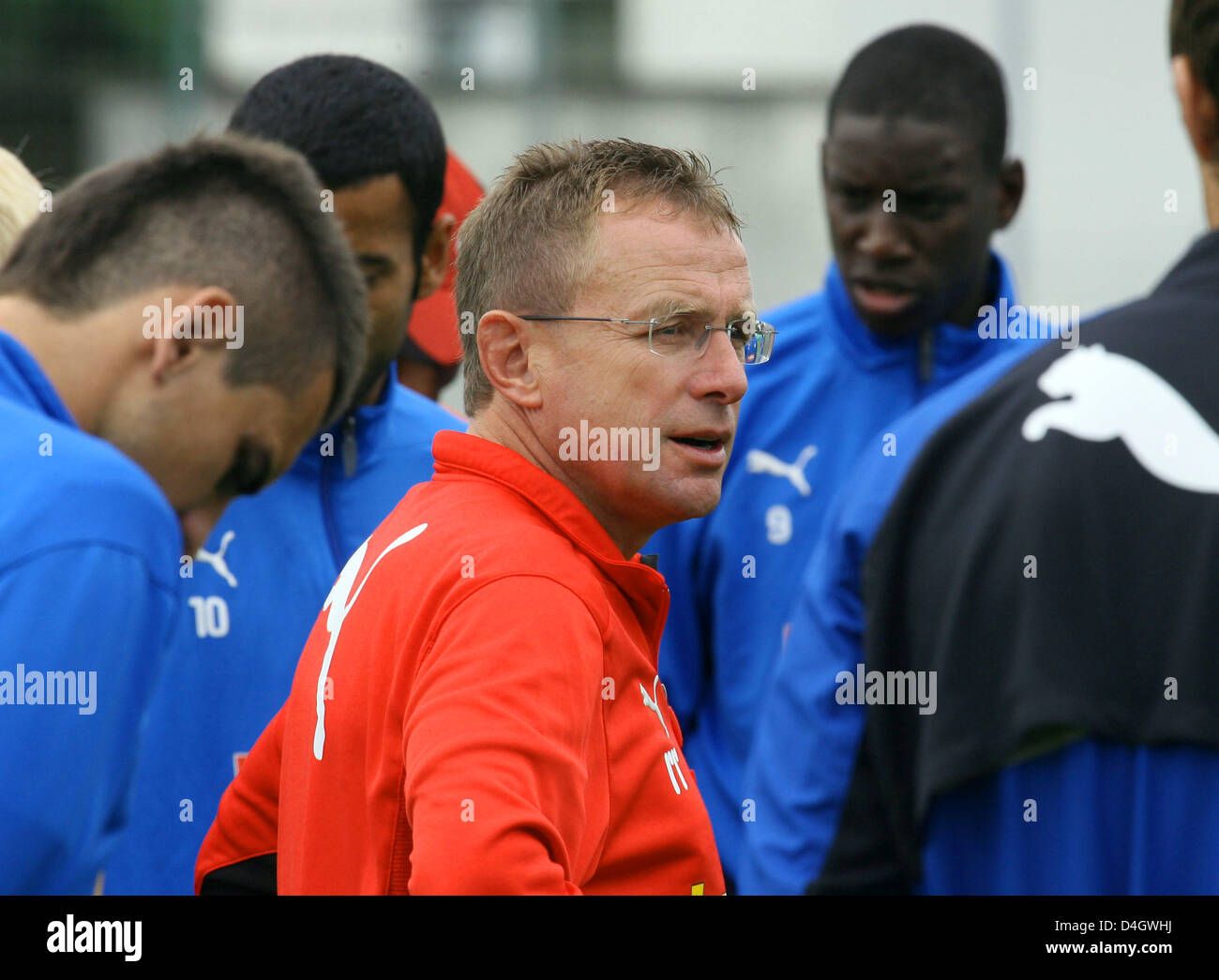 Head coach Ralf Rangnick (C) of Bundesliga club TSG 1899 Hoffenheim ...