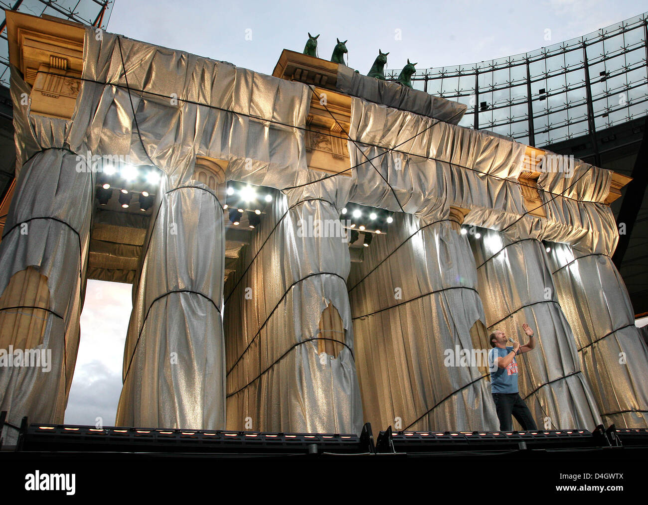 A wrapped model representing the Brandenburg Gate forms the stage ...