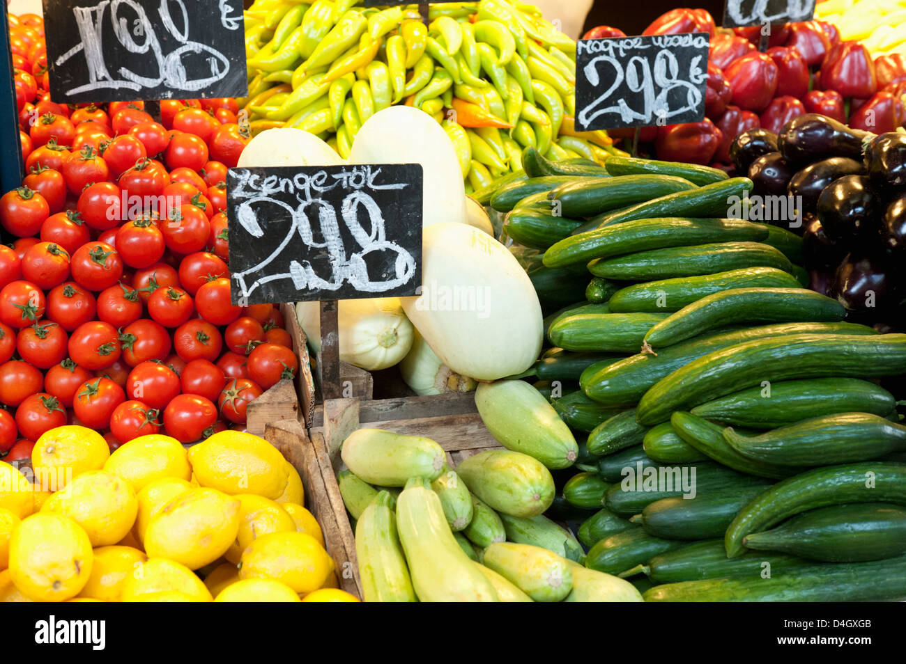 Vegetable display at Nagycsarnok Market, Budapest, Hungary Stock Photo ...