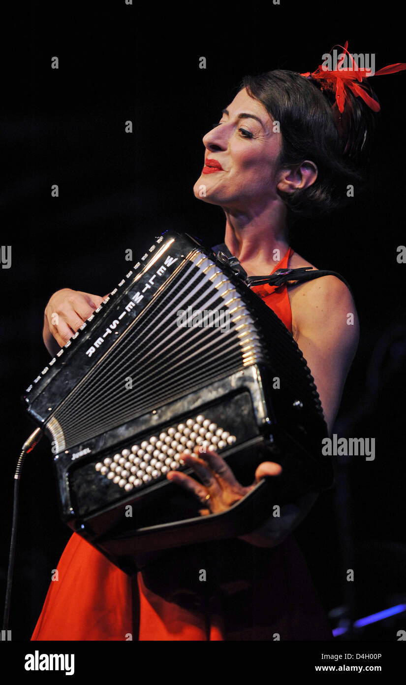 Marcella Puppini of 'The Puppini Sisters' plays the accordion on stage ...