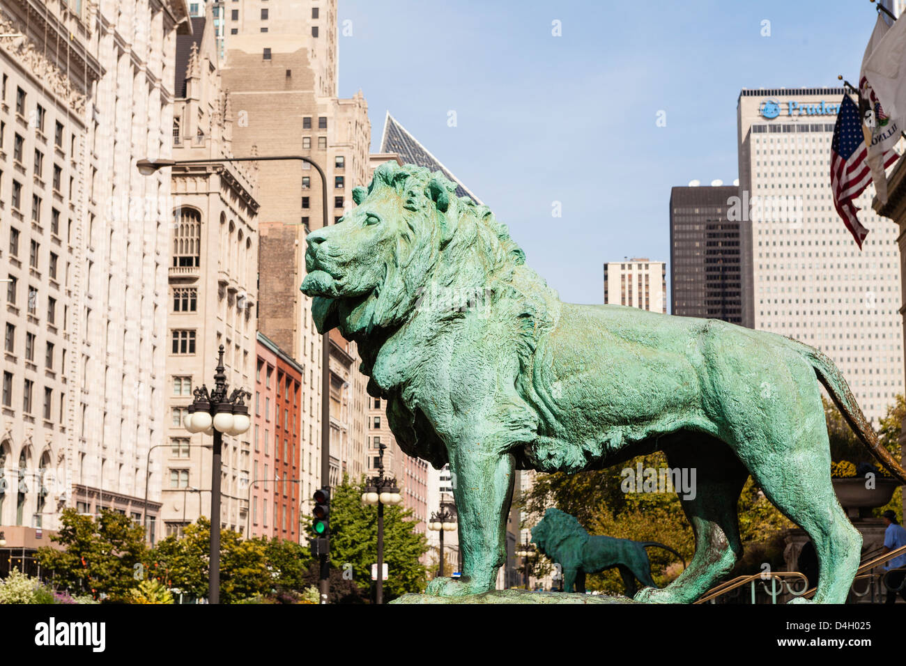 One of the two iconic bronze lion statues outside the Art Institute of ...