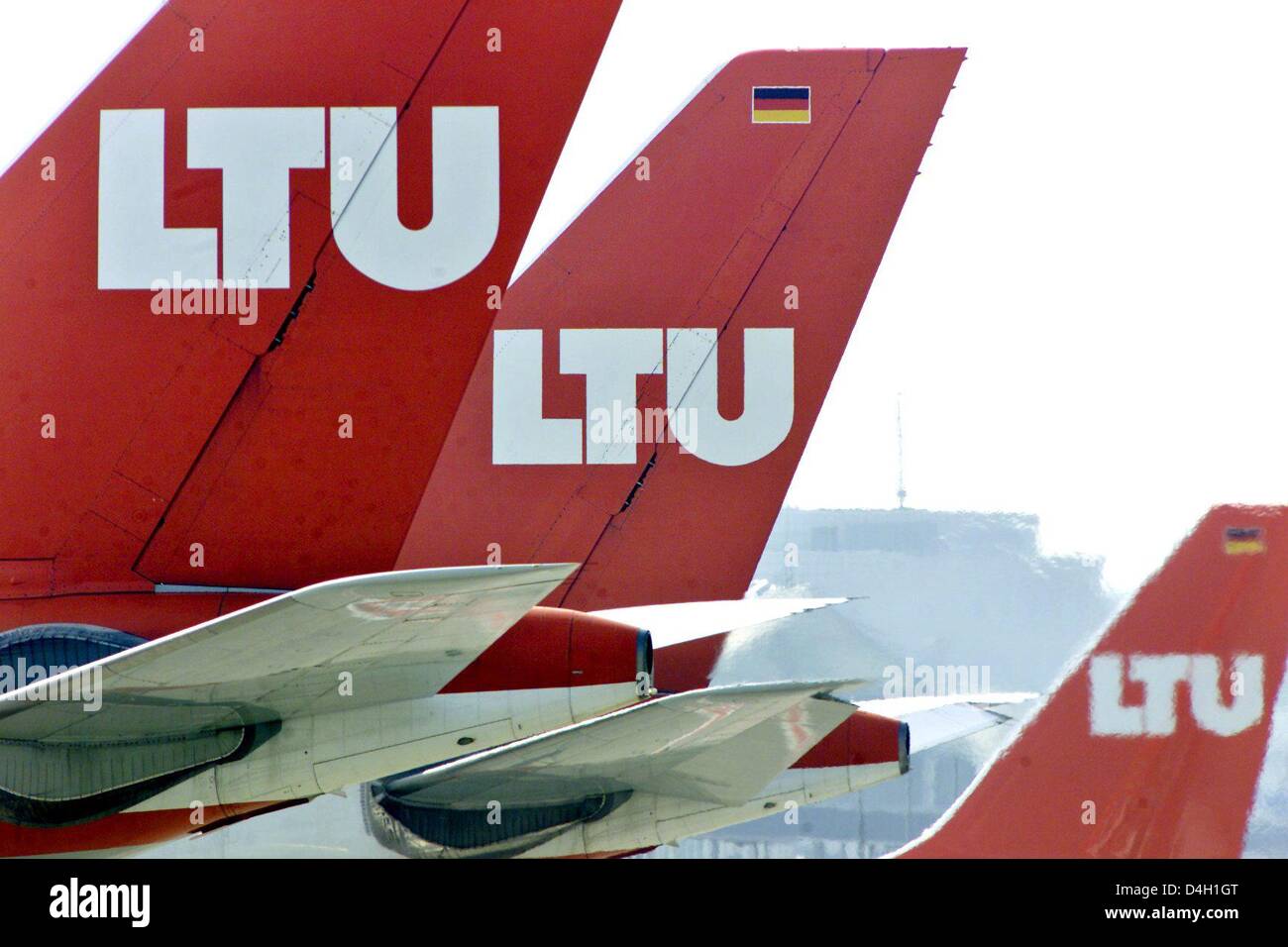 The file photo shows fins of LTU planes at the airport in Duesseldorf ...