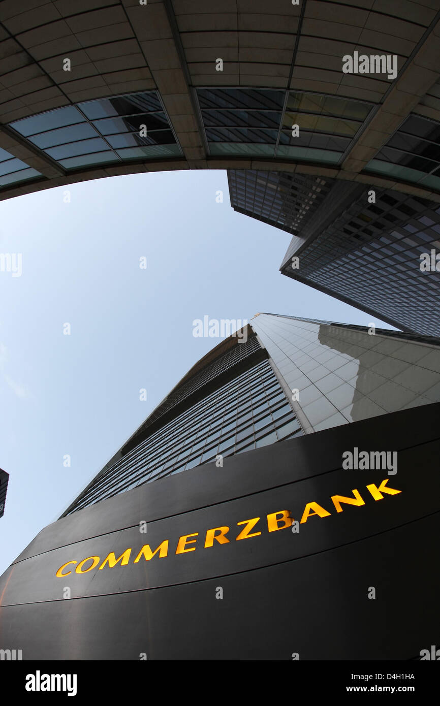 Yellow 'Commerzbank' letters seen at the bottom of the bank's ...