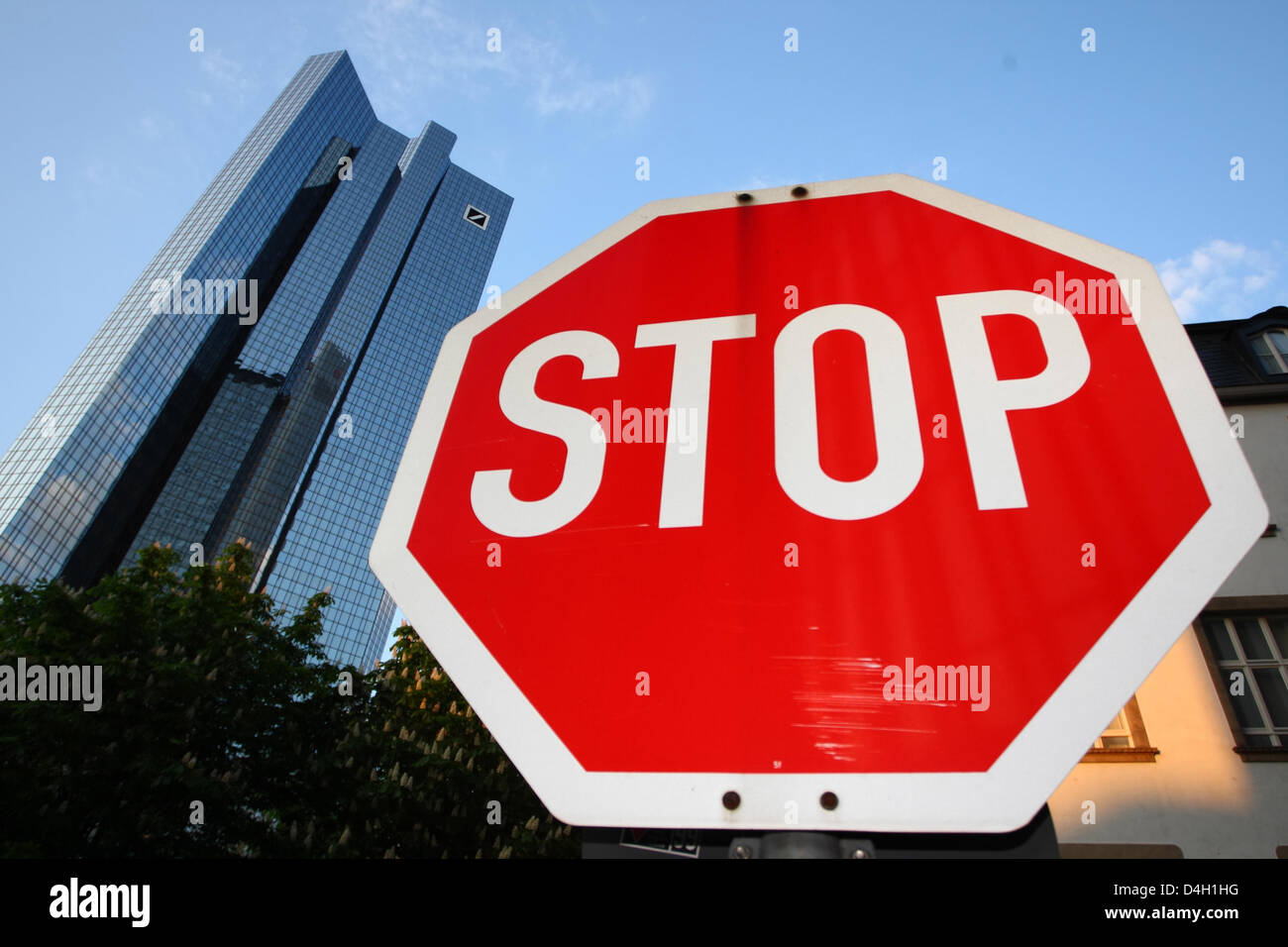 A stop sign seen in front of the 'Deutsche Bank' headquarters in ...