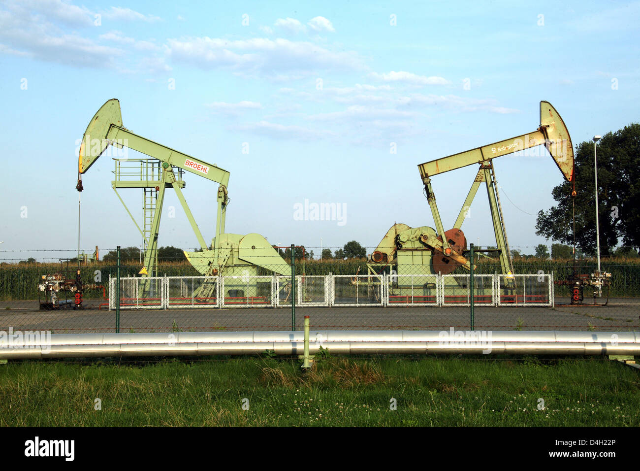 Two pumpjack-type oil pumps seen near Emlichheim, County Bentheim ...