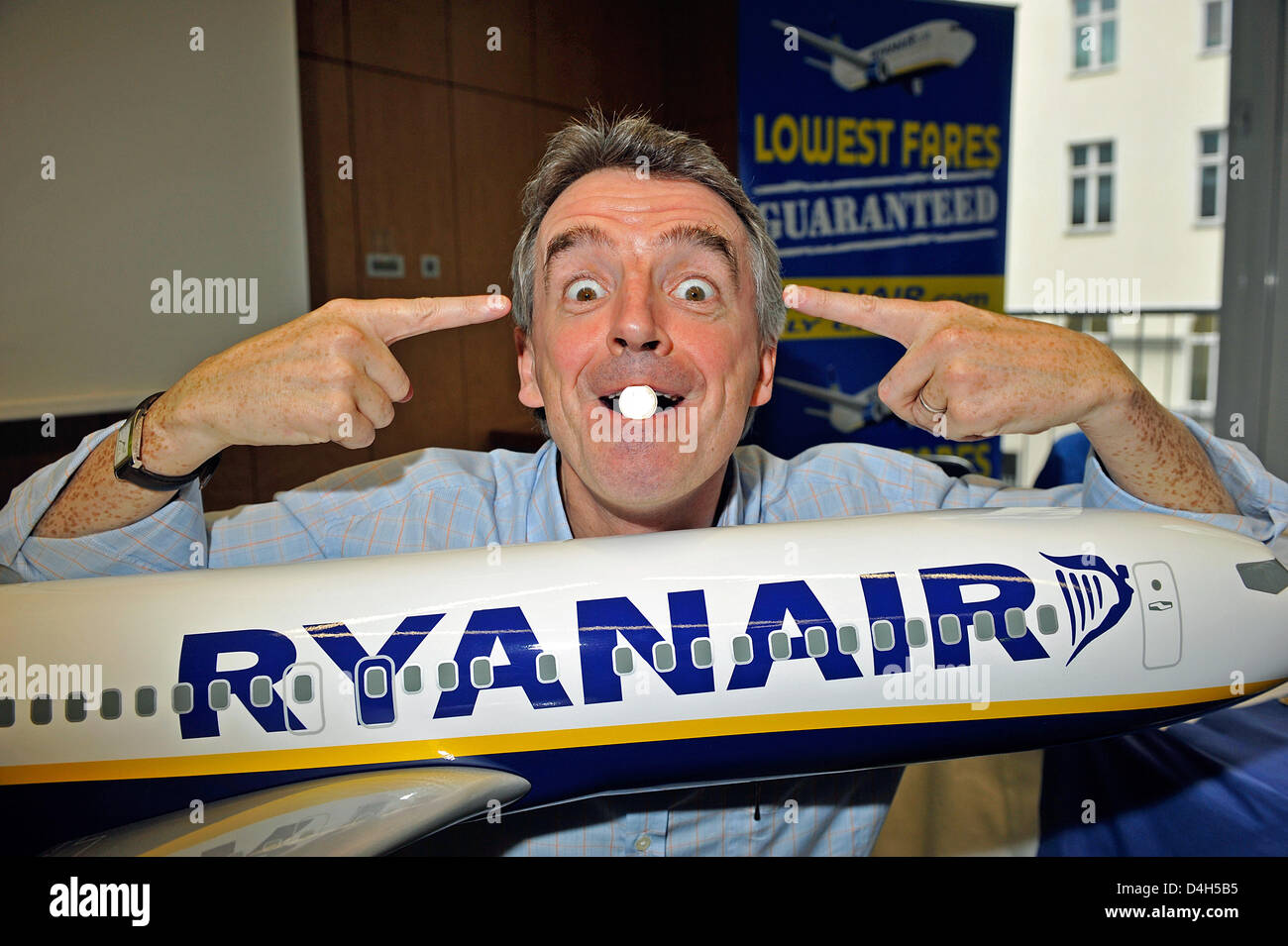 Irish Ryanair boss Michael O'Leary poses with a model of a Ryanair ...