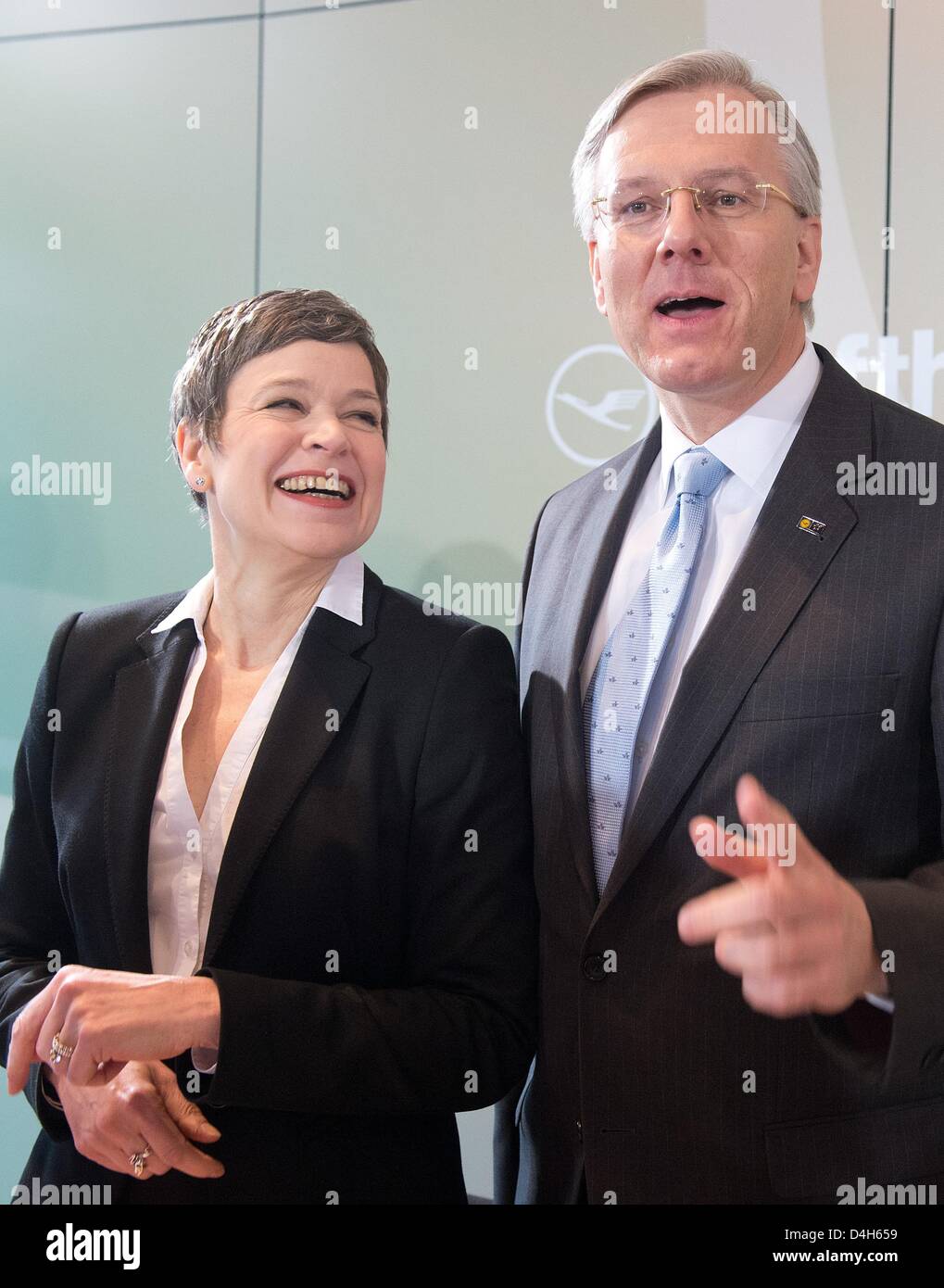 Lufthansa CEO Christoph Franz and CFO Simone Menne pose during the ...