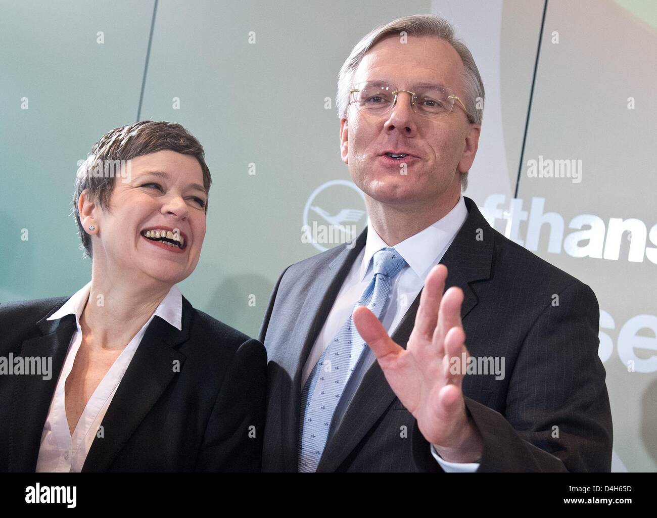 Lufthansa CEO Christoph Franz and CFO Simone Menne pose during the ...