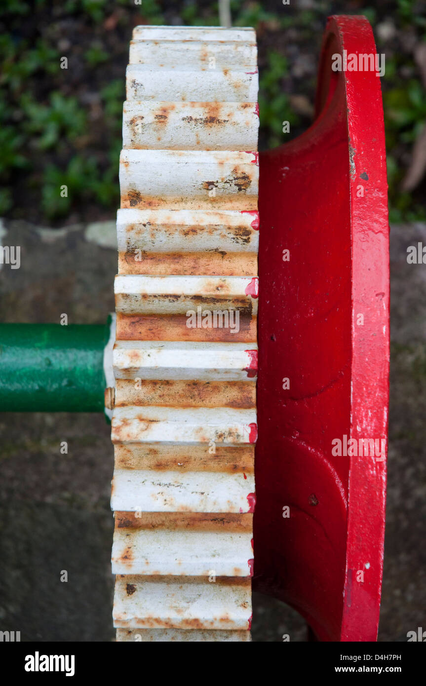 gear wheels formerly part of old machinery, painted,restored, close up ...