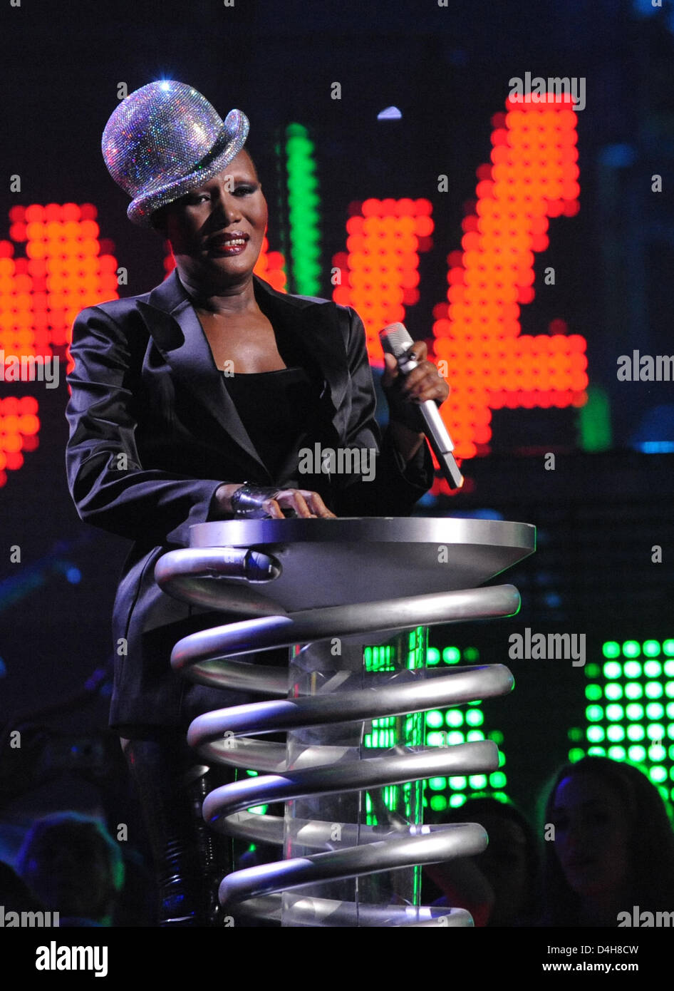 Grace Jones stand on the stage at the MTV Europe Music Awards (EMA) in ...