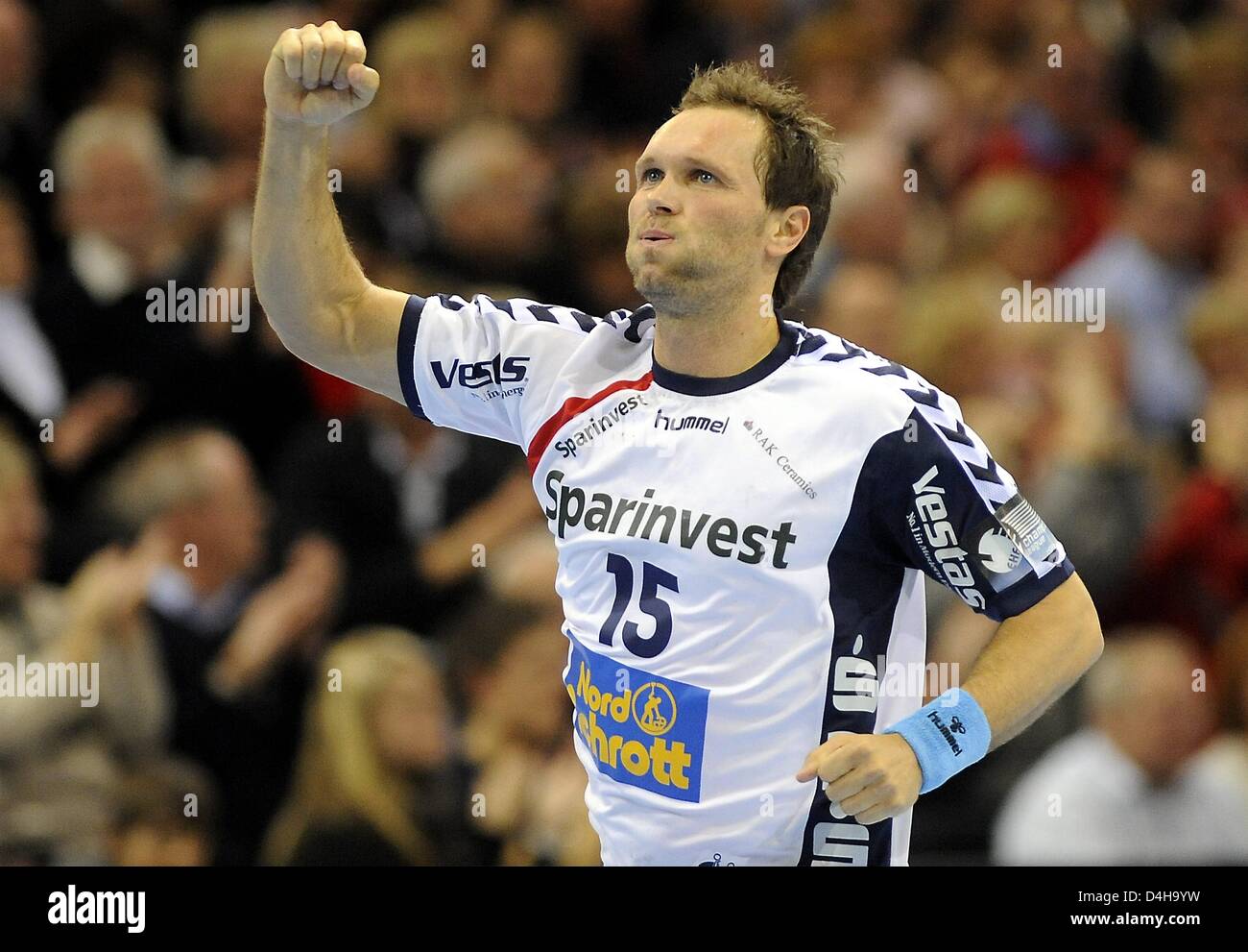 Lars Christiansen of Flensburg cheers during the Handball Champions ...