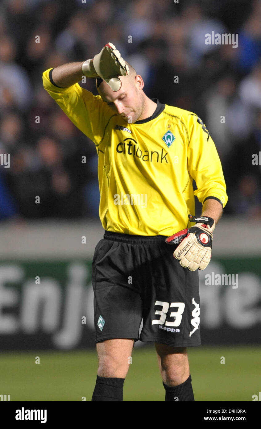 Goalkeeper of Werder Bremen Christian Vander gestures during the ...