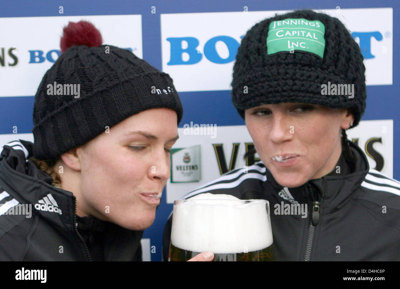 Canada?s Jennifer Ciochetti (L) and Helen Upperton (R) have a beer as ...