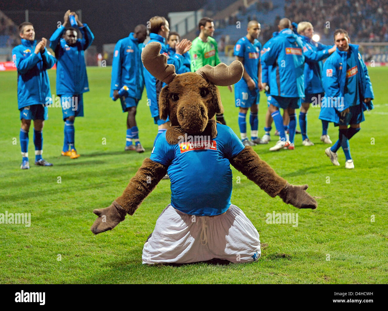 Hoffenheim?s mascot ?Hoffi? cheers at Carl Benz stadium of Mannheim ...