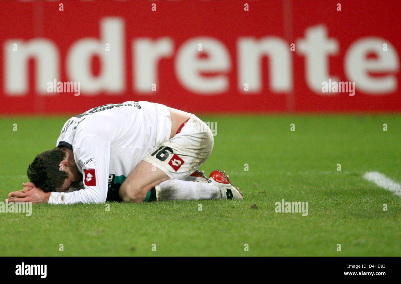 Gladbach?s Rob Friend lies on the ground during the Bundesliga soccer ...
