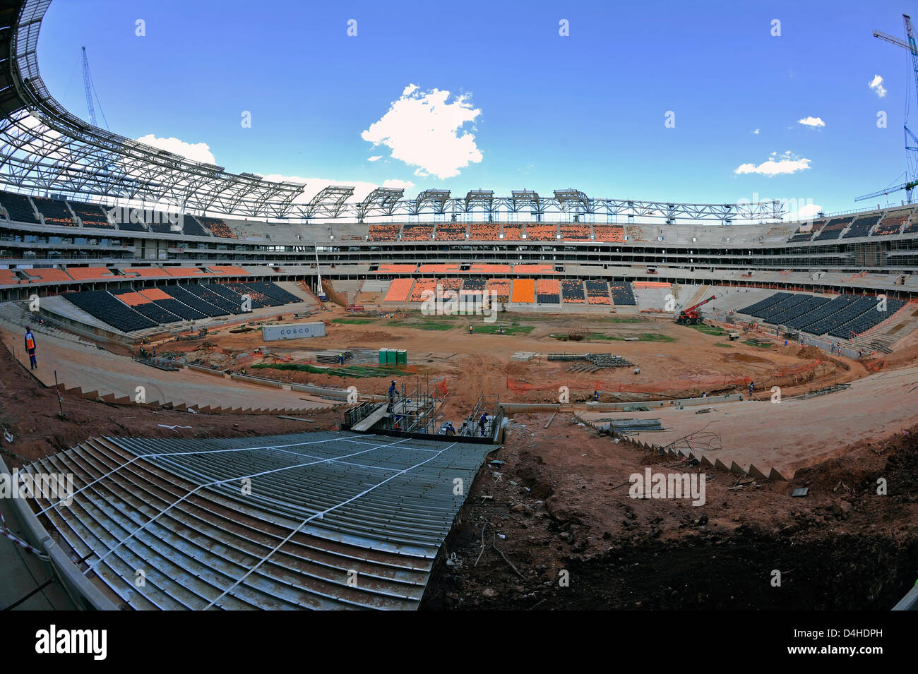 View on the construction site of the Soccer City stadium in ...