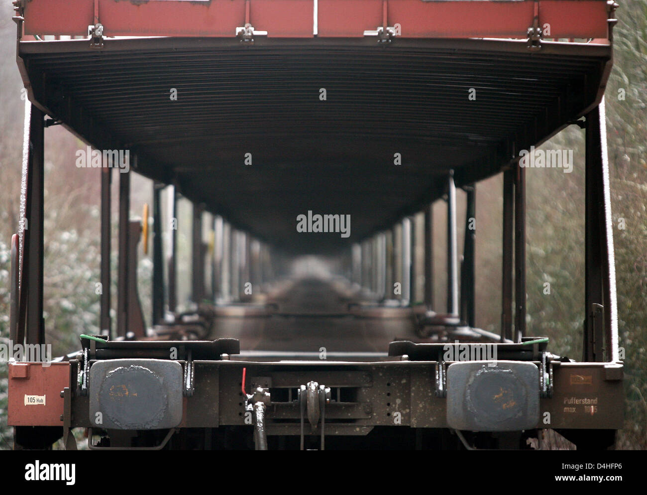 A kilometres-long row of empty vehicle cars pictured on track in Vluyn ...