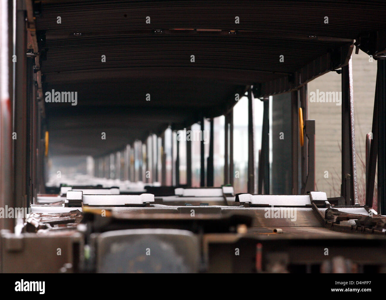 A kilometres-long row of empty vehicle cars pictured on track in Vluyn ...