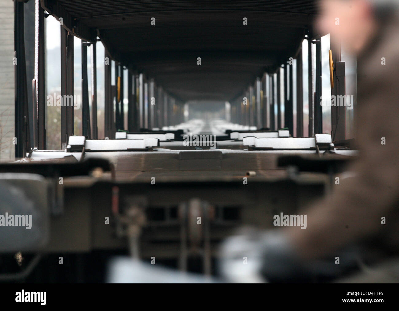 A kilometres-long row of empty vehicle cars pictured on track in Vluyn ...