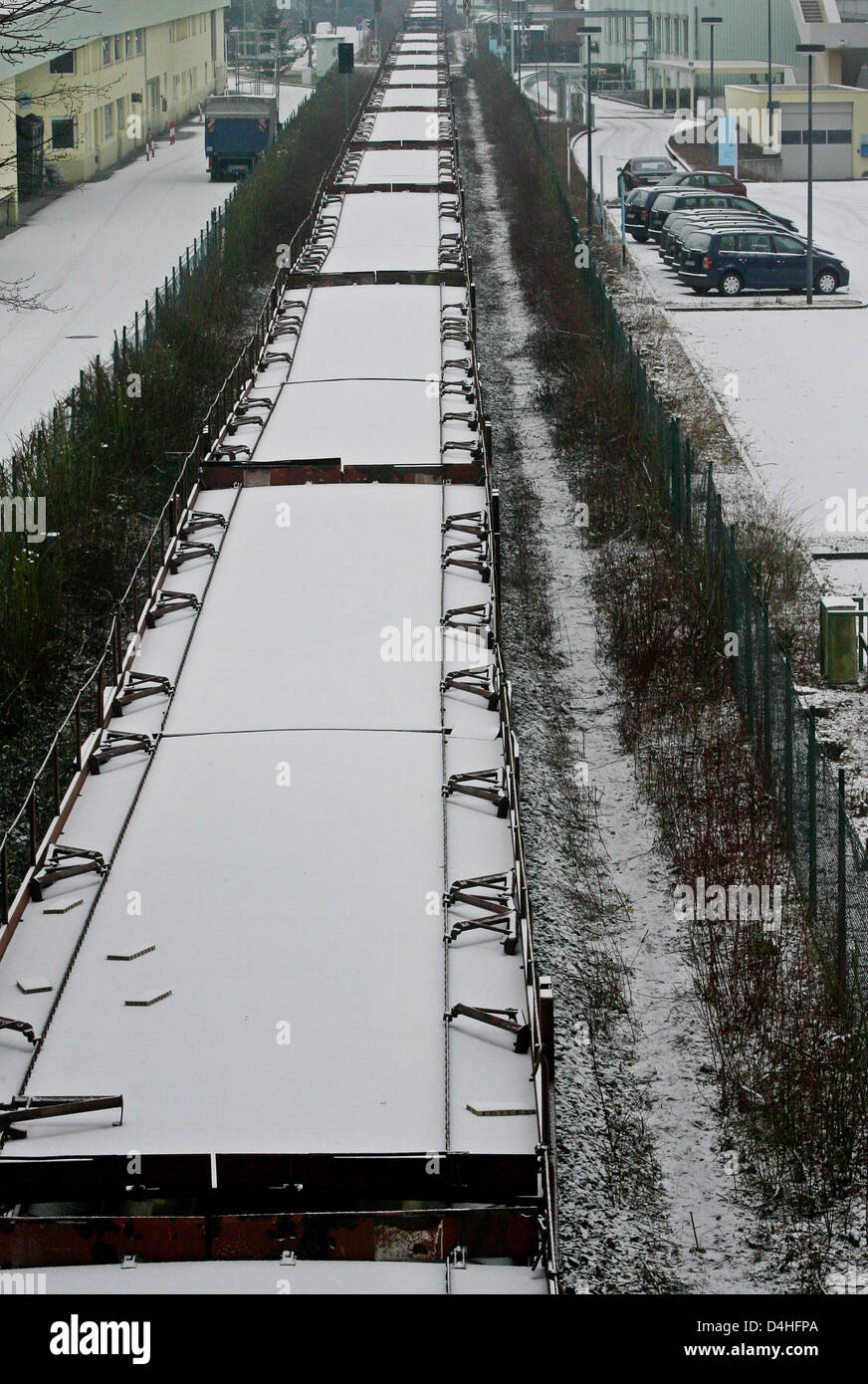 A kilometres-long row of empty vehicle cars pictured on track in Vluyn ...