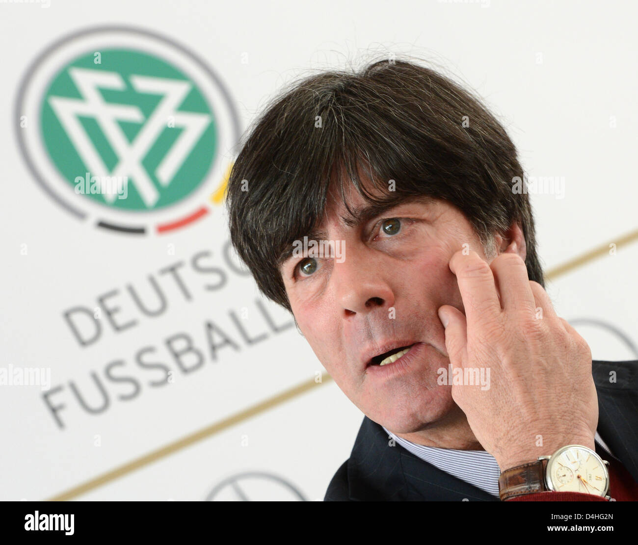 Head coach of the German national soccer team Joachim Loew speaks at a ...