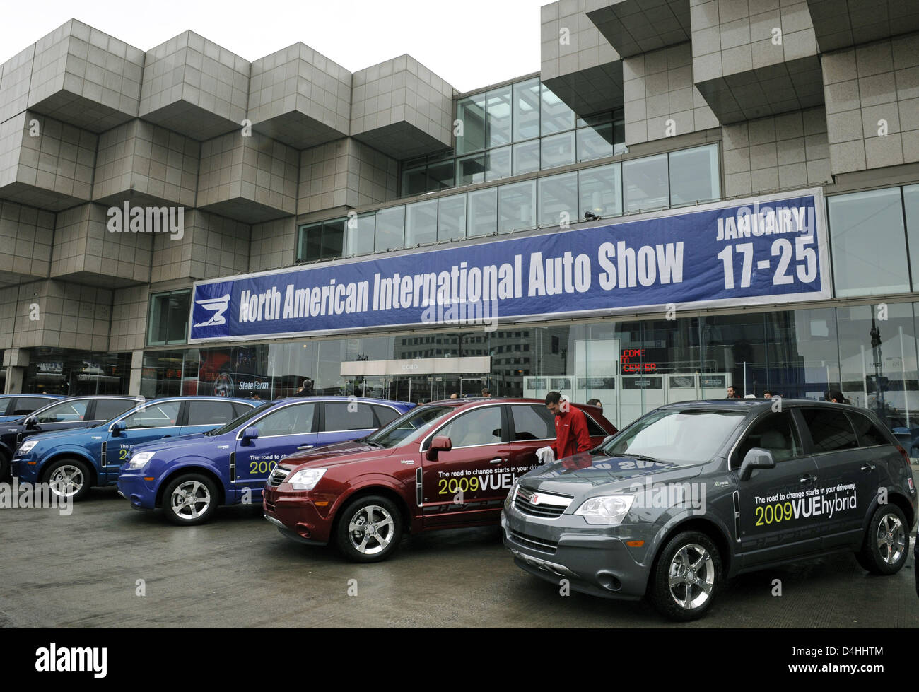 Saturn 2-Mode hybrid cars stand in front of Cobo-Hall during the North ...