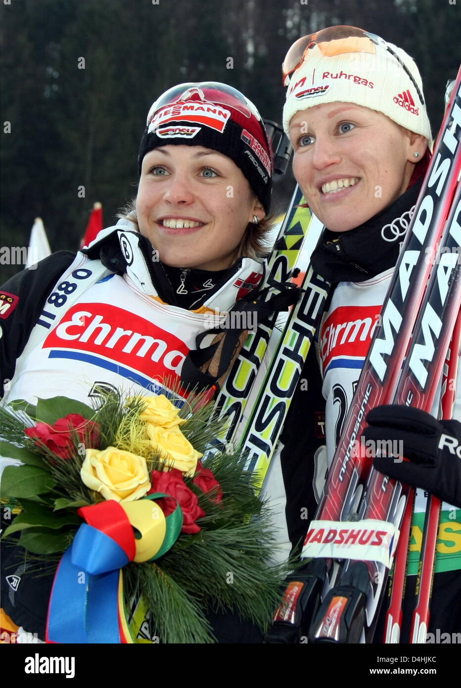 German biathlets Magdalena Neuner (L) and Kati Wilhelm pose after ...
