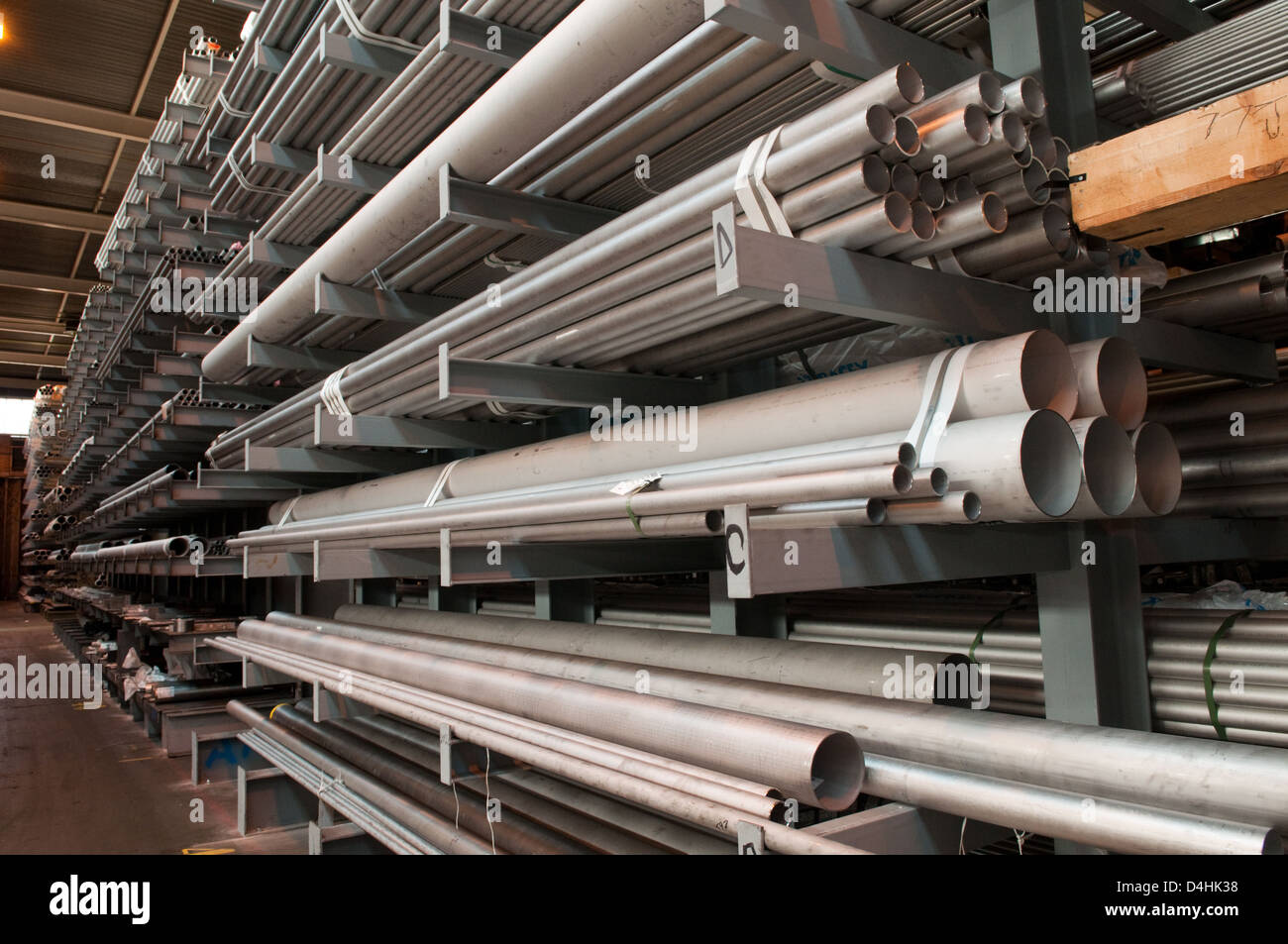 Steel tubes stacked in a warehouse at a steel stock holders in the West ...