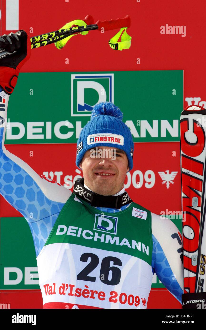 Italian silver medallist Peter Fill celebrates on the podium after ...