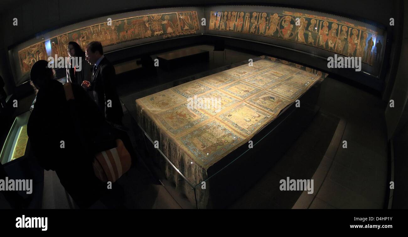 A monumental Romanesque wall tapestry is pictured during a press ...
